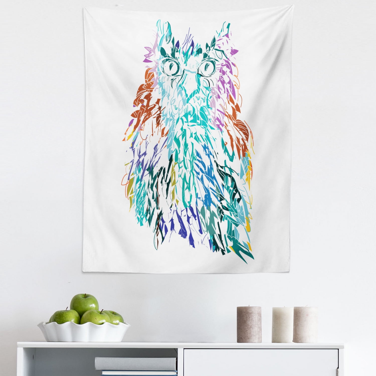 Colorful Tapestry, Owl Fluffy Swollen Colorful Feathers Large Eyes ...