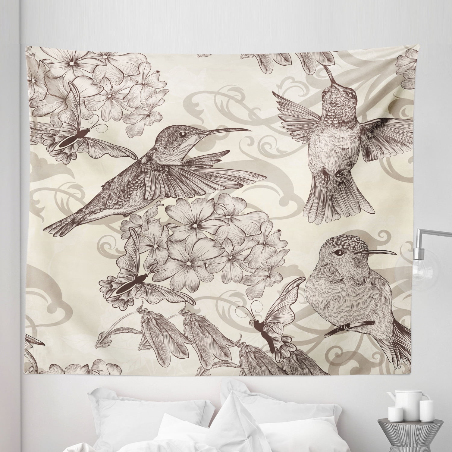 Hummingbirds Tapestry, Birds and Flowers Monochromic Classical Design ...
