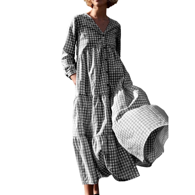 ZANZEA Women V Neck 3/4 Sleeve Plaid Sundress Loose Casual Buttoned ...