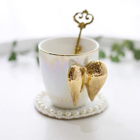 Mug Ceramic Handle Gold Plated Angel Wings Coffee Milk Porcelain Couple ...
