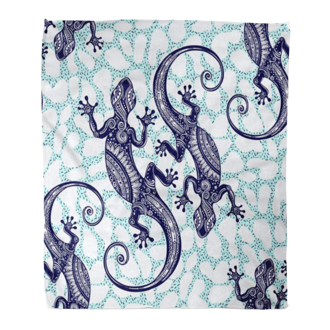 HATIART Flannel Throw Blanket Blue Tribal Ornate Gecko Lizard Beautiful ...