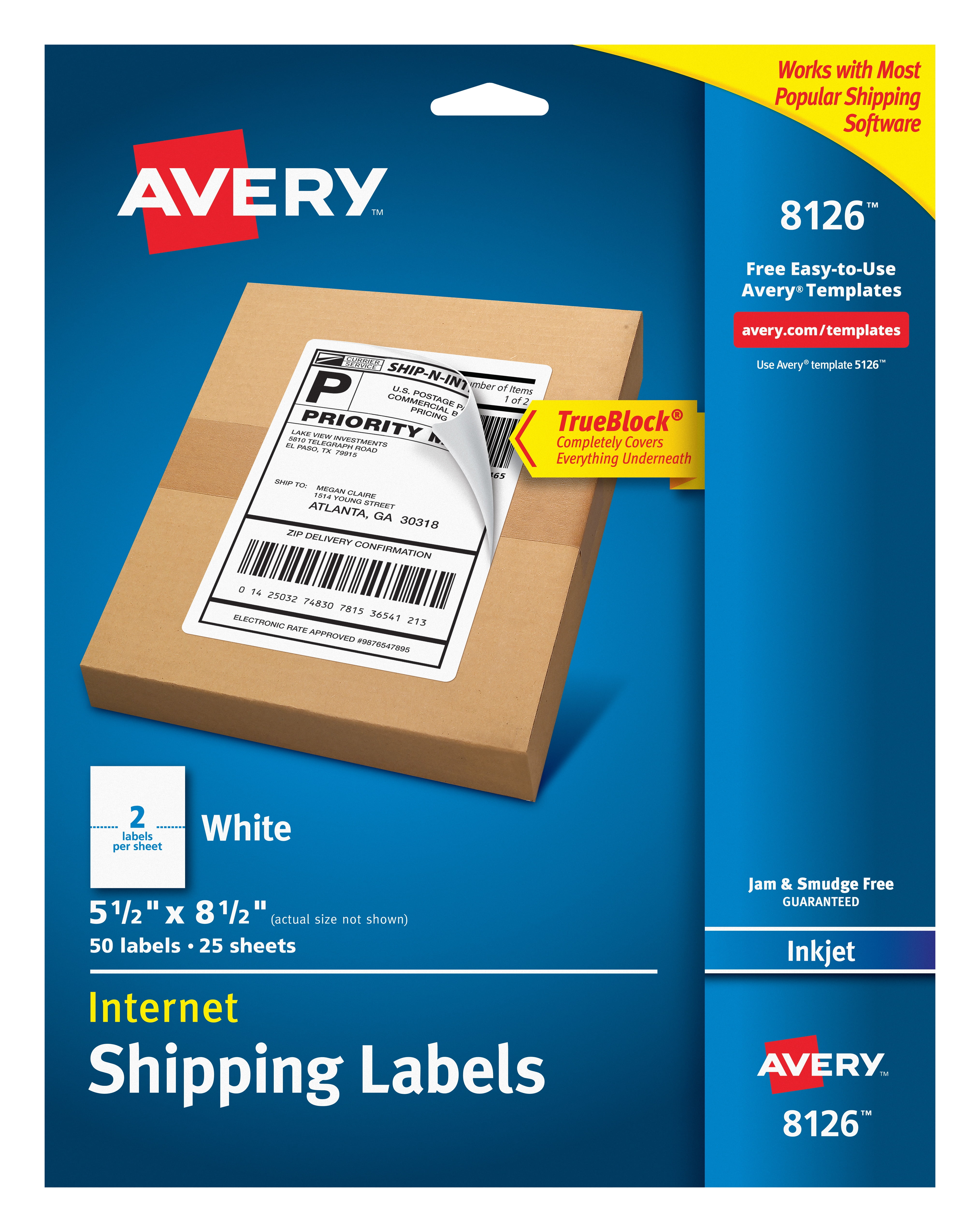 Avery TrueBlock Shipping Labels 5 1 2 X 8 1 2 50 Labels 8126