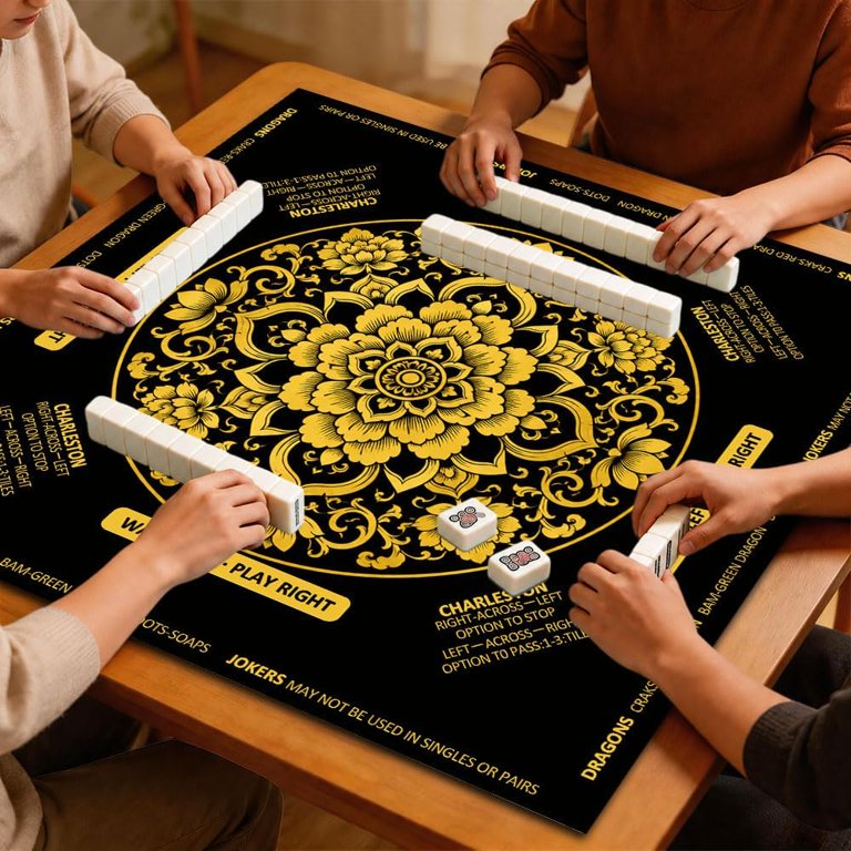 Auspicious Floral Mahjong Mat with Rules for Table (Black,31.5”x31.5 ...