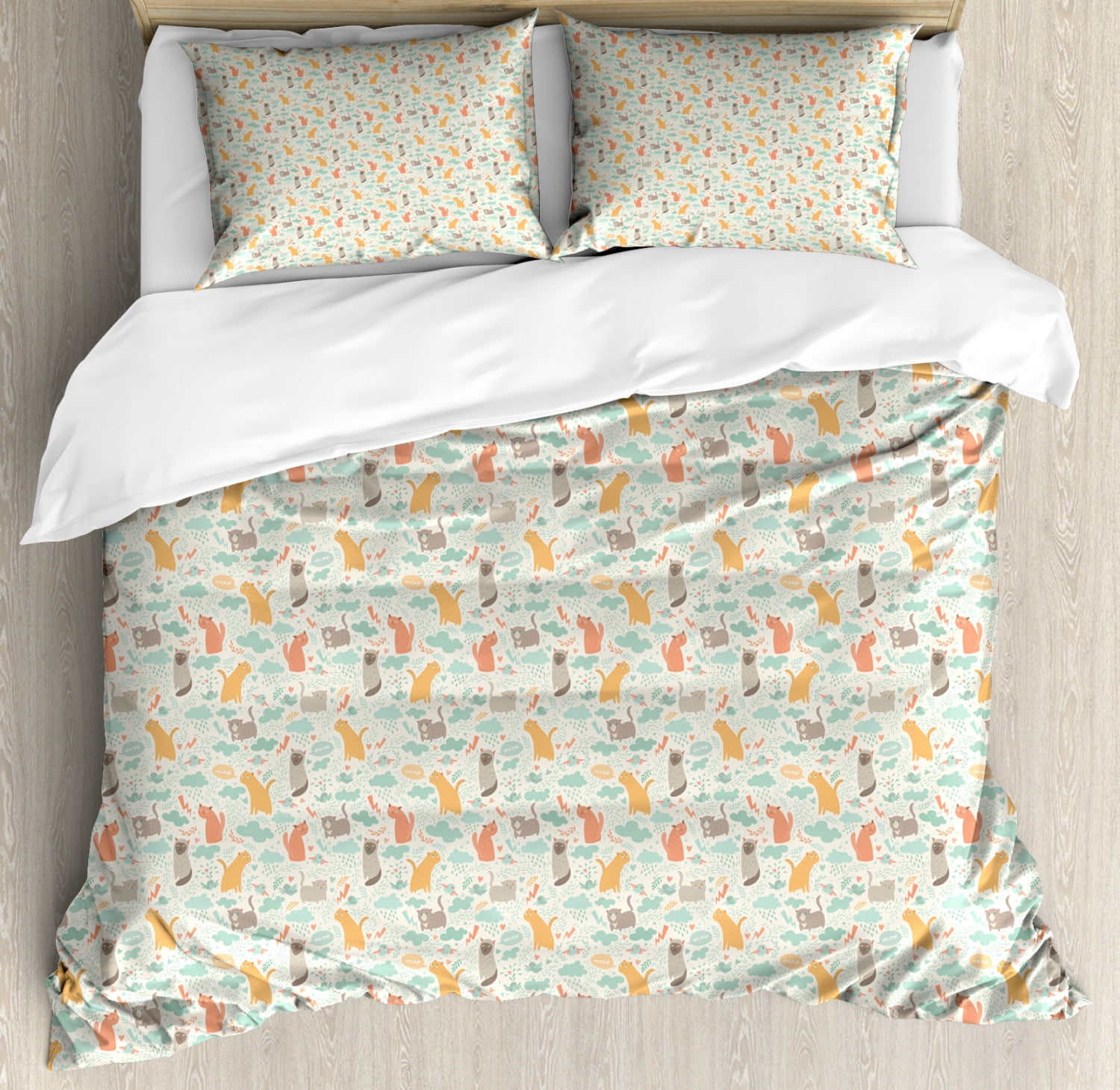 Cat Queen Size Duvet Cover Set, Cheerful Childish Pet Lover Pattern ...