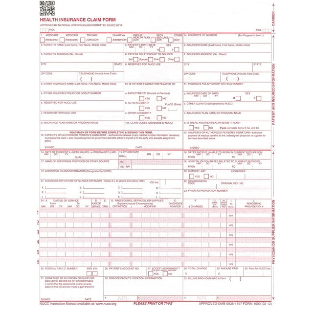For Handwritten Use - CMS 1500 / HCFA 1500 Medical Billing Forms ...