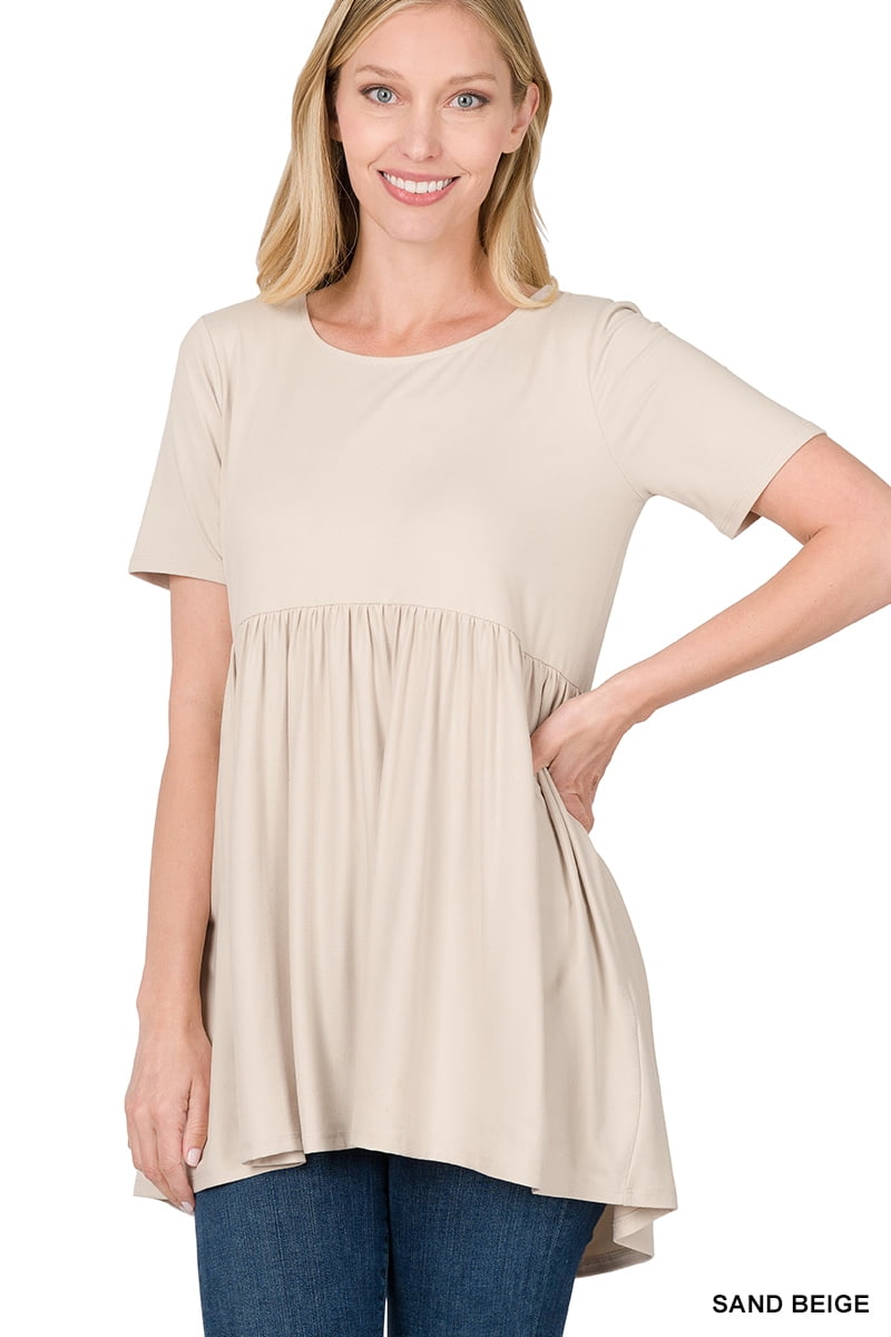 Zenana Women & Plus Round Neck Brushed DTY Short Sleeve Ruched Tunic ...