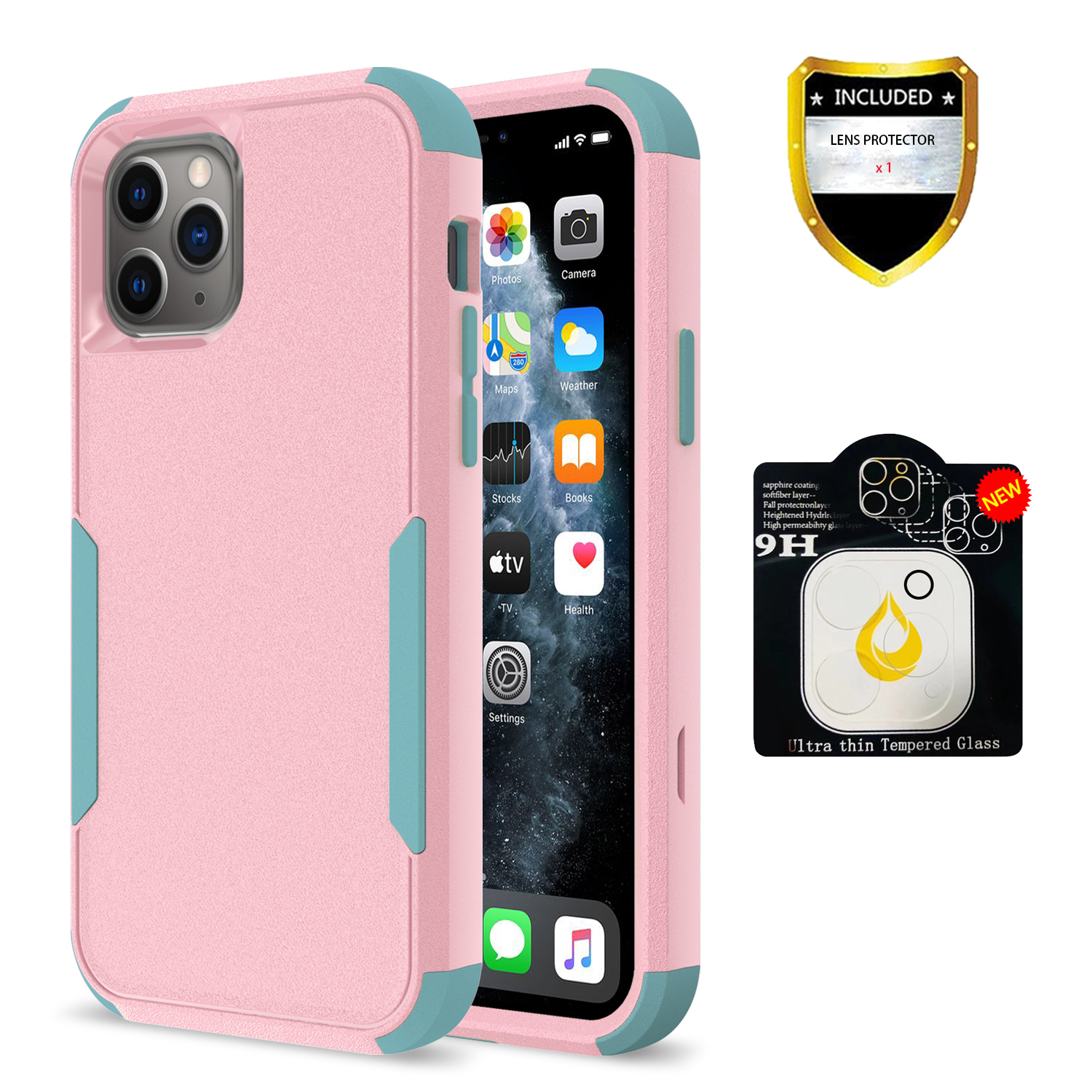 Apple iPhone 12 Pro Case + Camera Lens Protector , Rugged Rubber ...