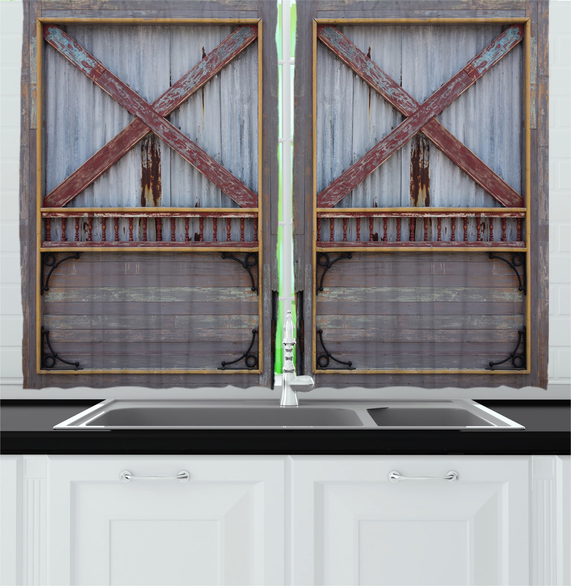 Industrial Kitchen Curtains, Zinc Style Wooden Gate Image Street ...