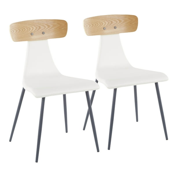 Elio Contemporary Chair in Grey Metal, White Faux Leather and Natural ...