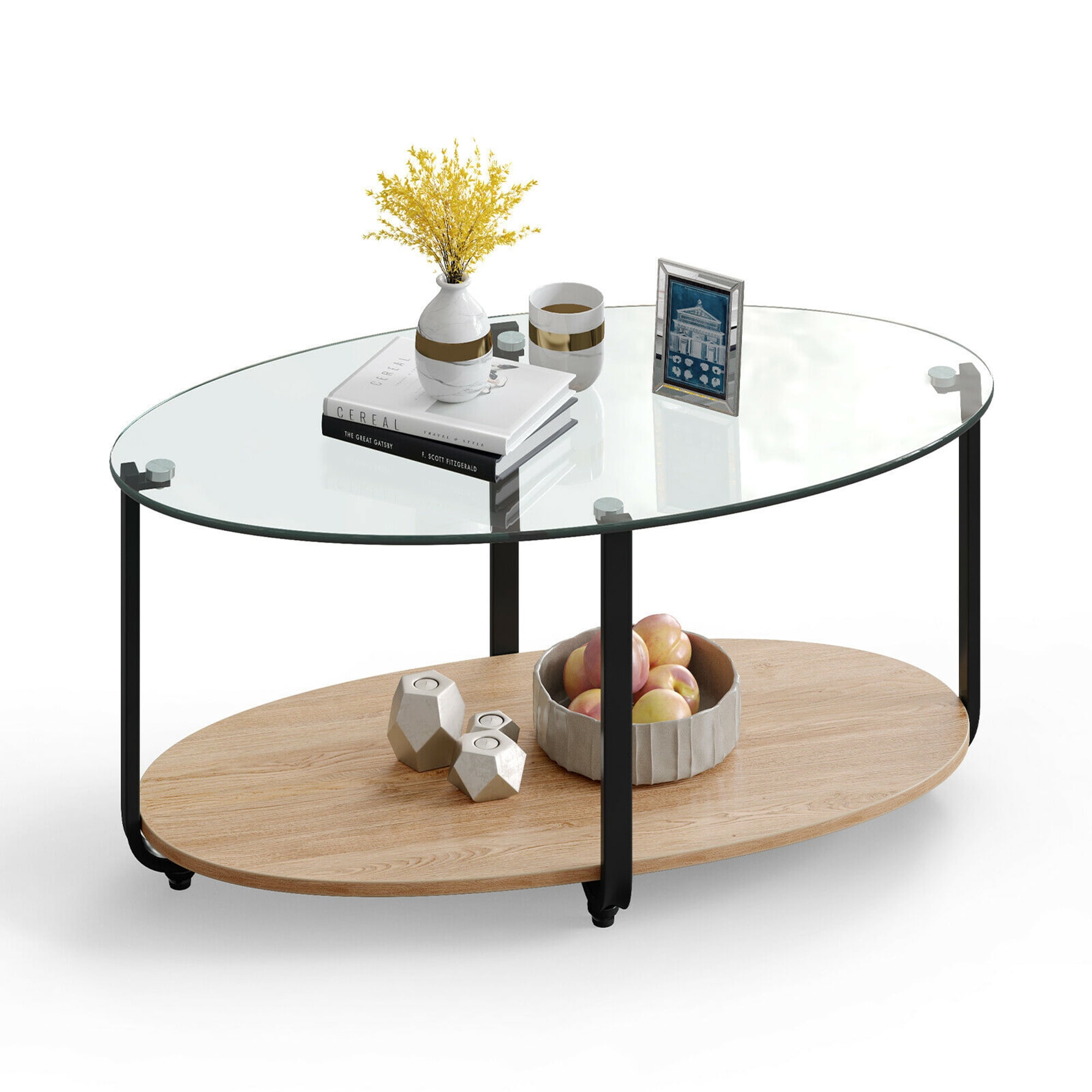 Click here for Gymax Glass-Top Coffee Table 2-Tier Modern Oval Si... prices