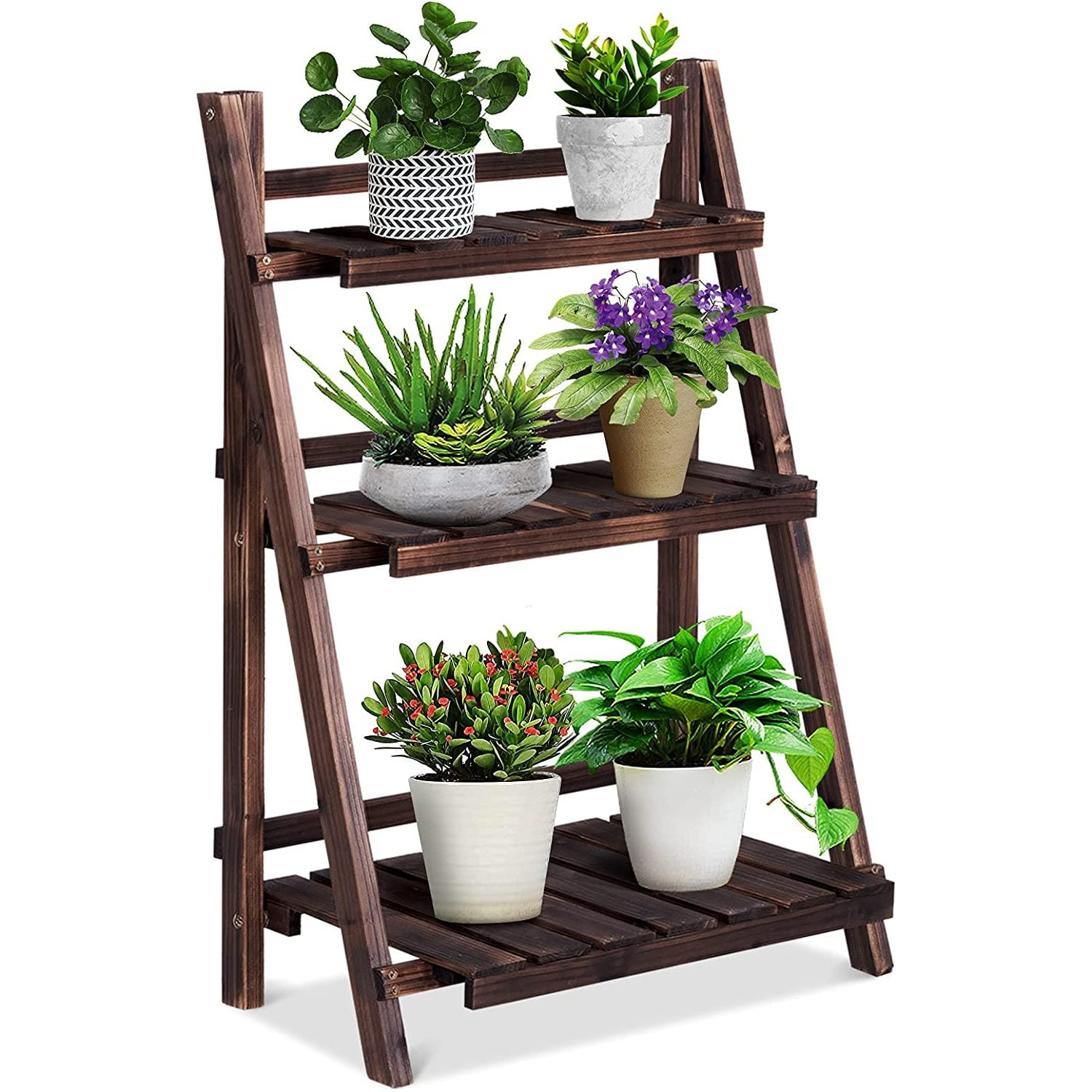 Bilot 3 Tier Folding Wooden Plant Stand, Indoor Flower Pot Holder ...