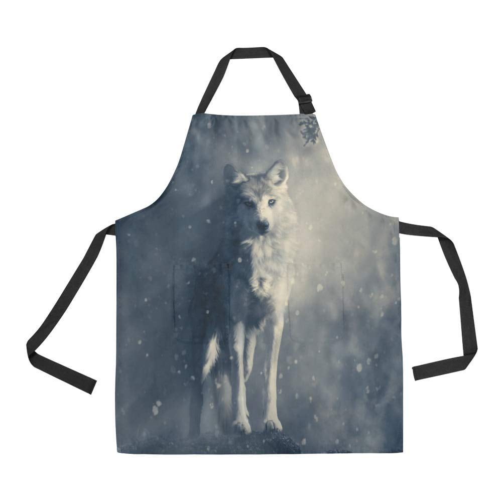 ASHLEIGH Kitchen Aprons Cool Forest Wolf Adjustable Bib Apron with ...