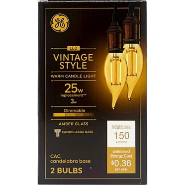 GE Vintage Amber LED Chandelier Bulb (2 Pack), Candelabra Base, 60W Equivalent, Dimmable ...