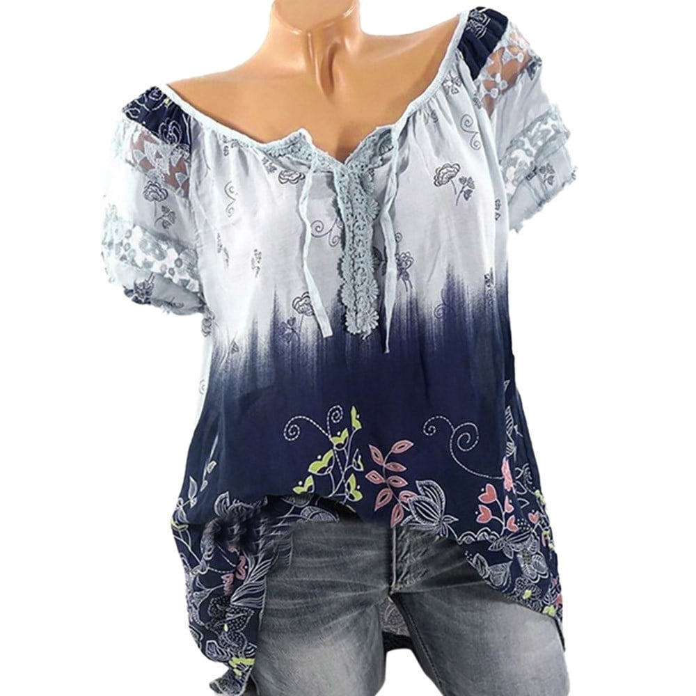 Puntoco Womens Plus Size Summer Shirts Women Short Sleeve V-Neck Lace ...