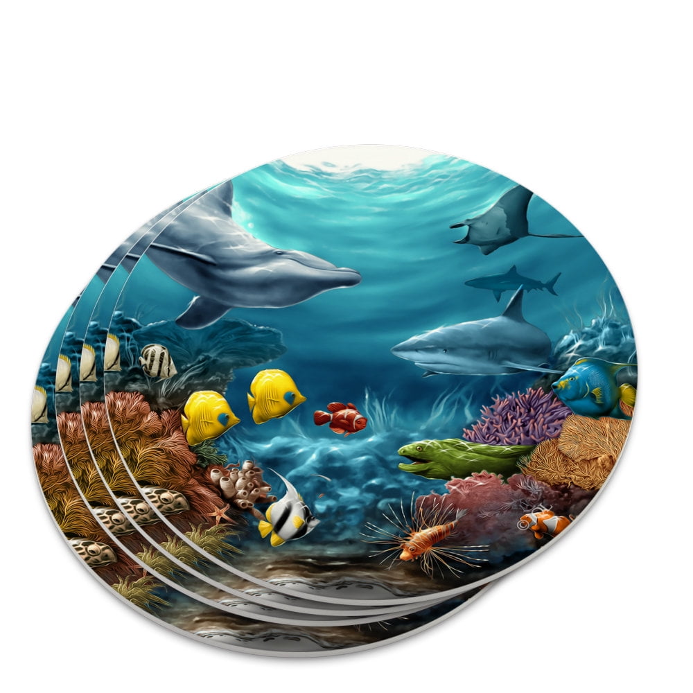 Coral Reef Ocean Scene Dolphin Turtle Shark Stingray Fish Novelty ...