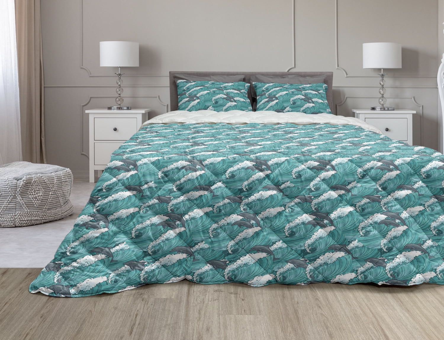 Sea Animals Comforter & Sham Bedding Set, Wavy Ocean with Dolphins ...