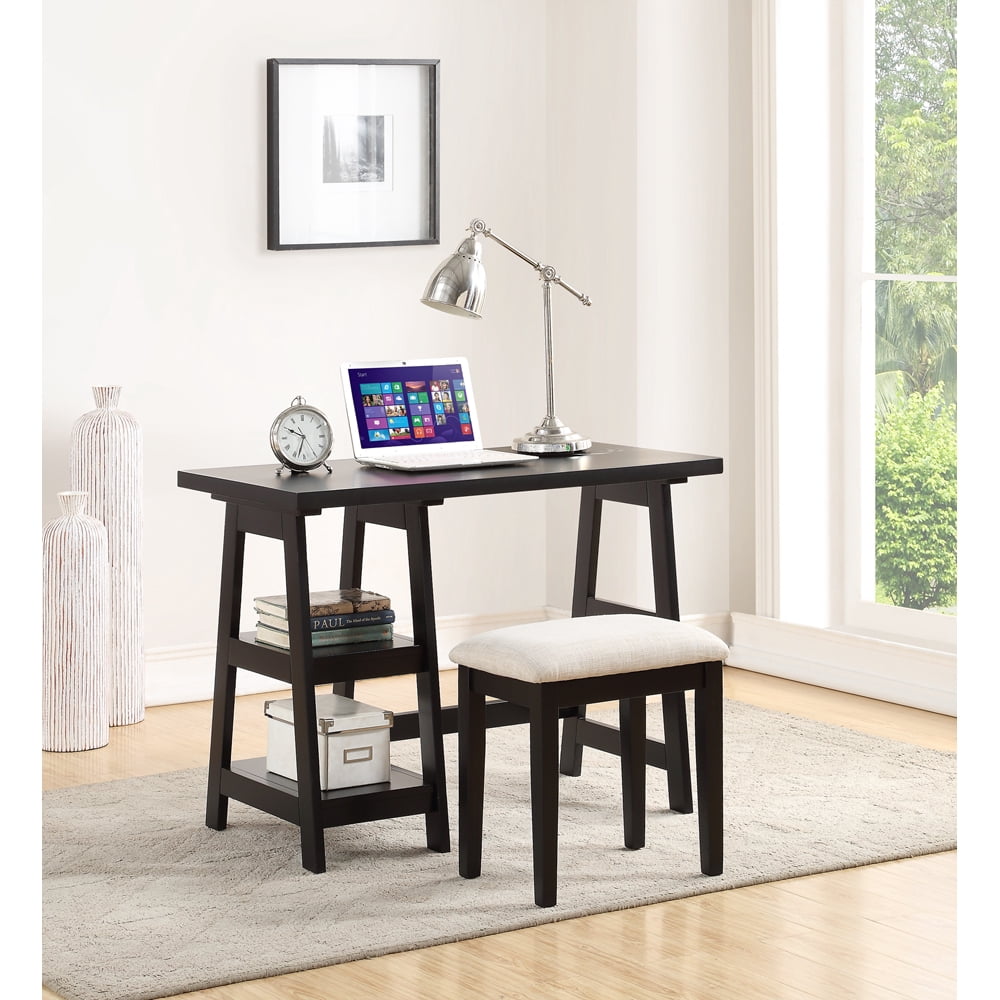Wooden Writing Desk With 2 Side Shelves And Stool Black - Walmart.com ...
