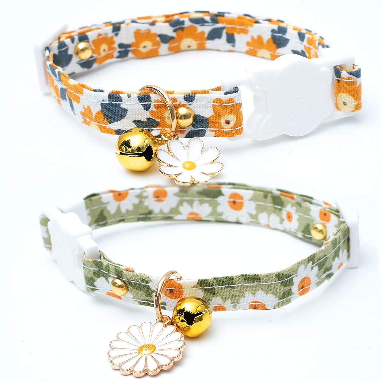 2 Pack Cotton Breakaway Cat Collars with Bell Daisy Pendant Kitty ...