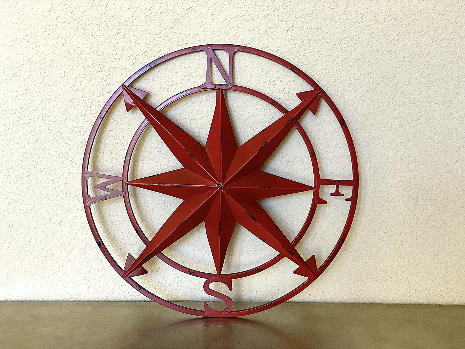 Red Nautical Compass Metal Distressed Rustic Wall Fence Art Sculpture ...