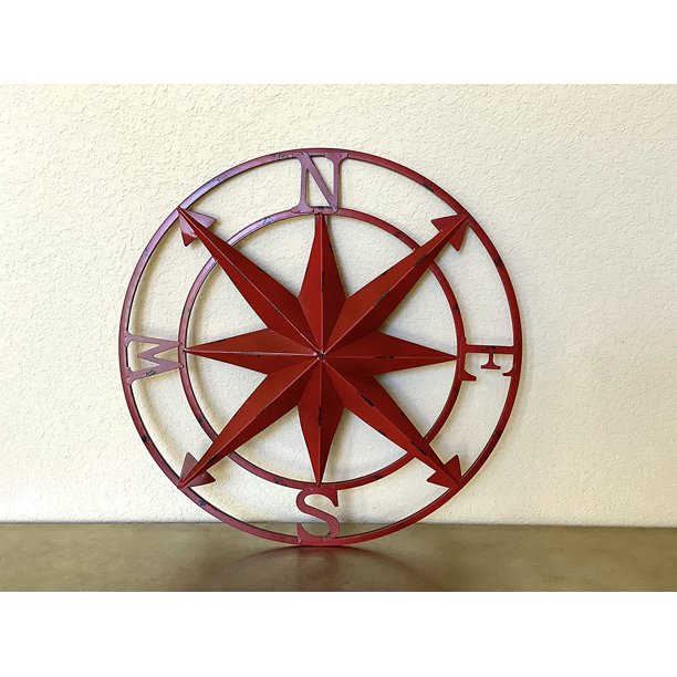 Red Nautical Compass Metal Distressed Rustic Wall Fence Art Sculpture ...