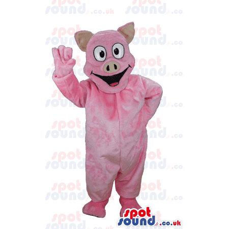 Pink piggy SPOTSOUND Mascot with his hand waving and saying hi - Animal ...