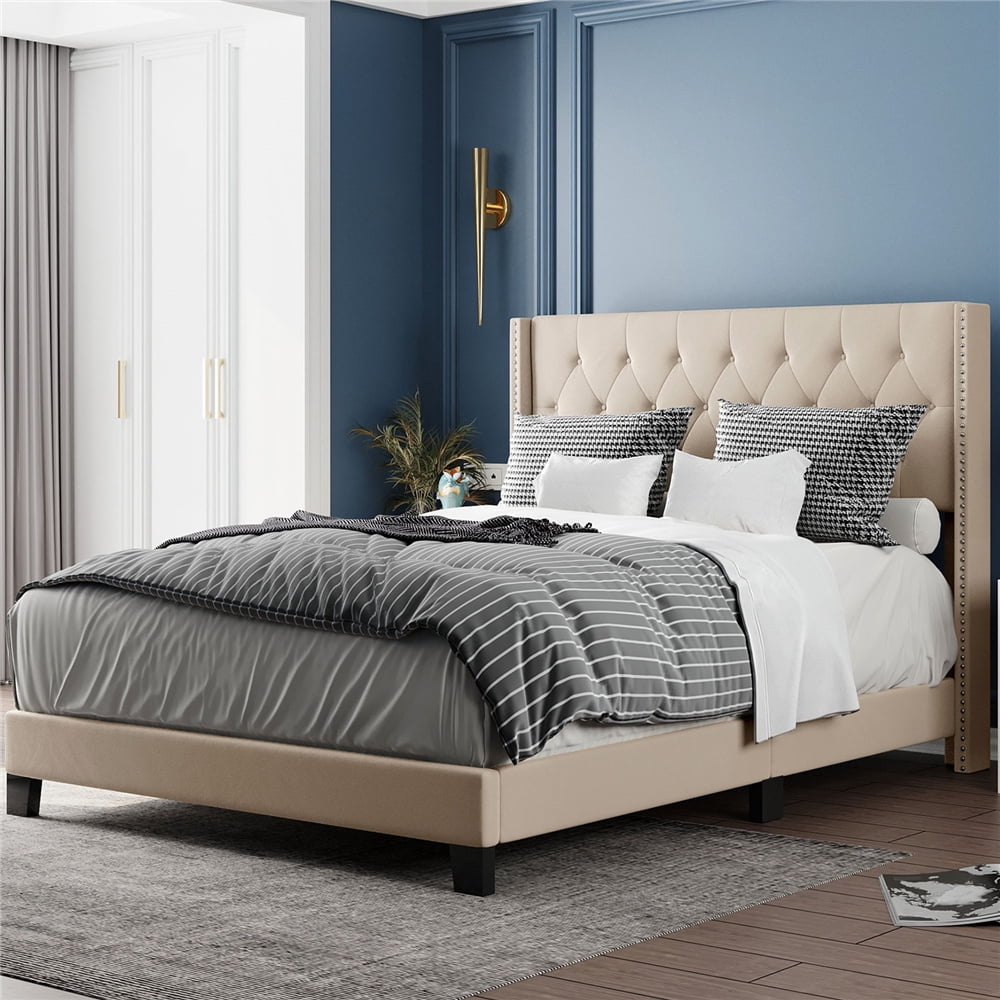 Queen Bed Frame Box Spring Needed, Heavy Duty Fabric Queen Platform Bed ...