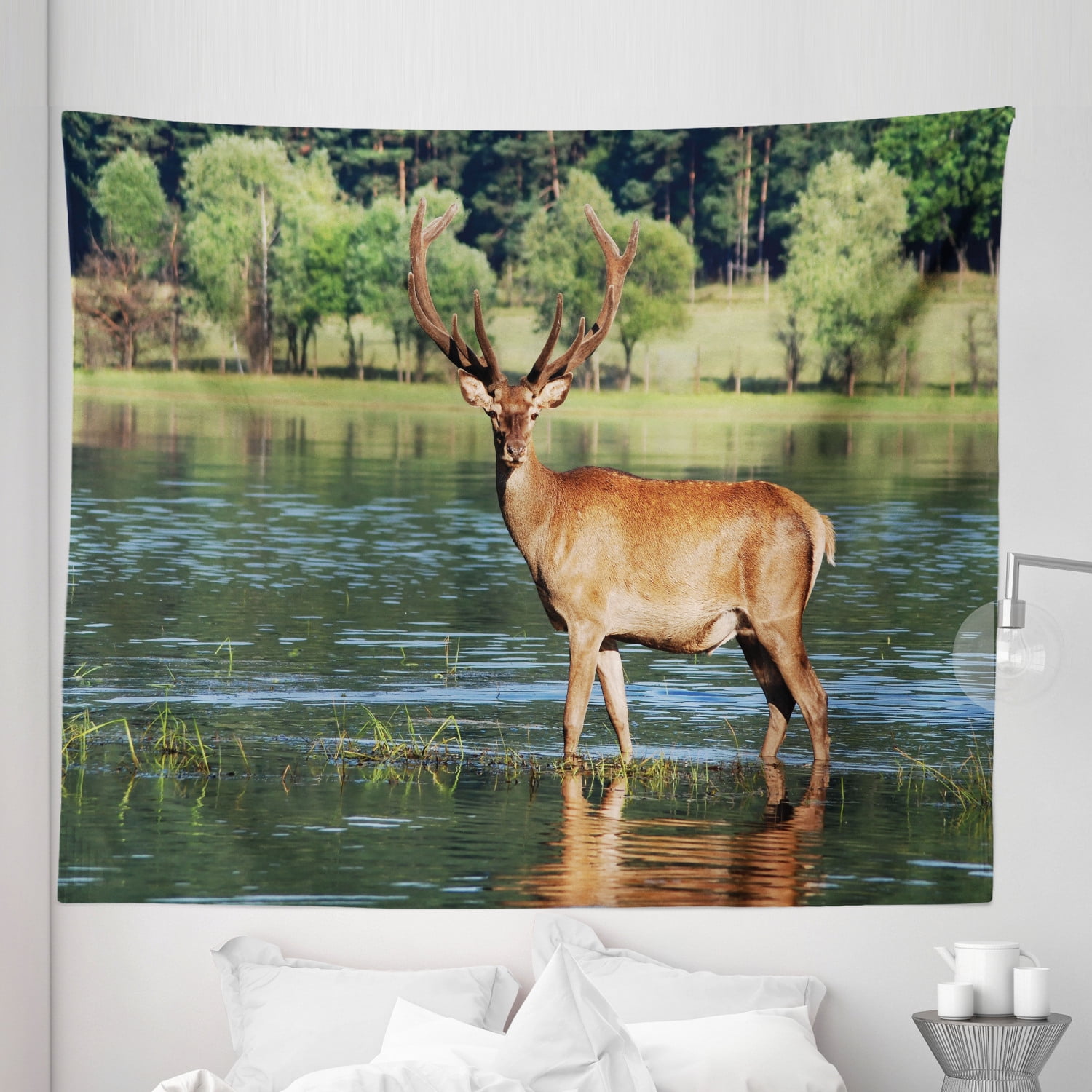 Deer Tapestry, Mountain Animal in the Water a Forest Background Male ...