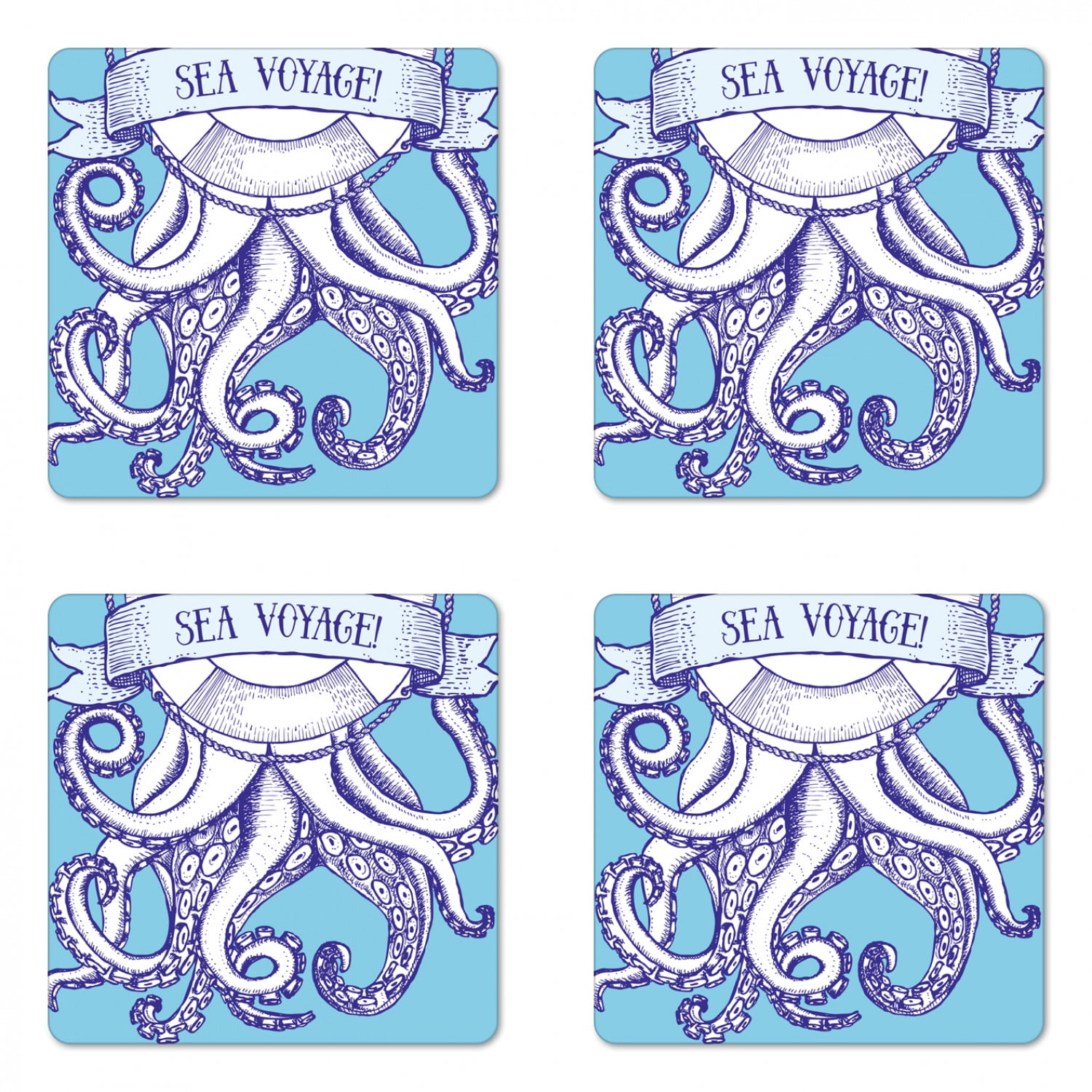 Octopus Coaster Set of 4, Octopus and Life Buoy in Vintage Style with ...