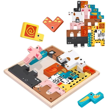 HHHC31 Pcs Wooden Blocks Puzzle Toy Brain Teasers 3D Animal Set for ...
