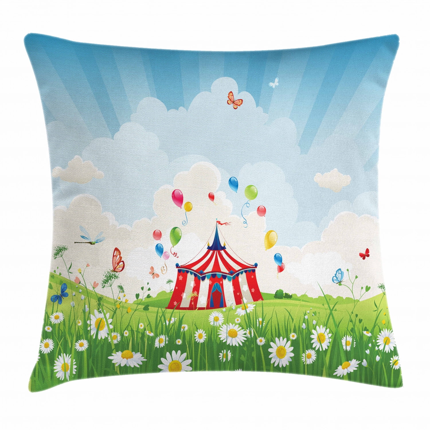 Circus Throw Pillow Cushion Cover, Circus Tent on Grass Field Theme ...