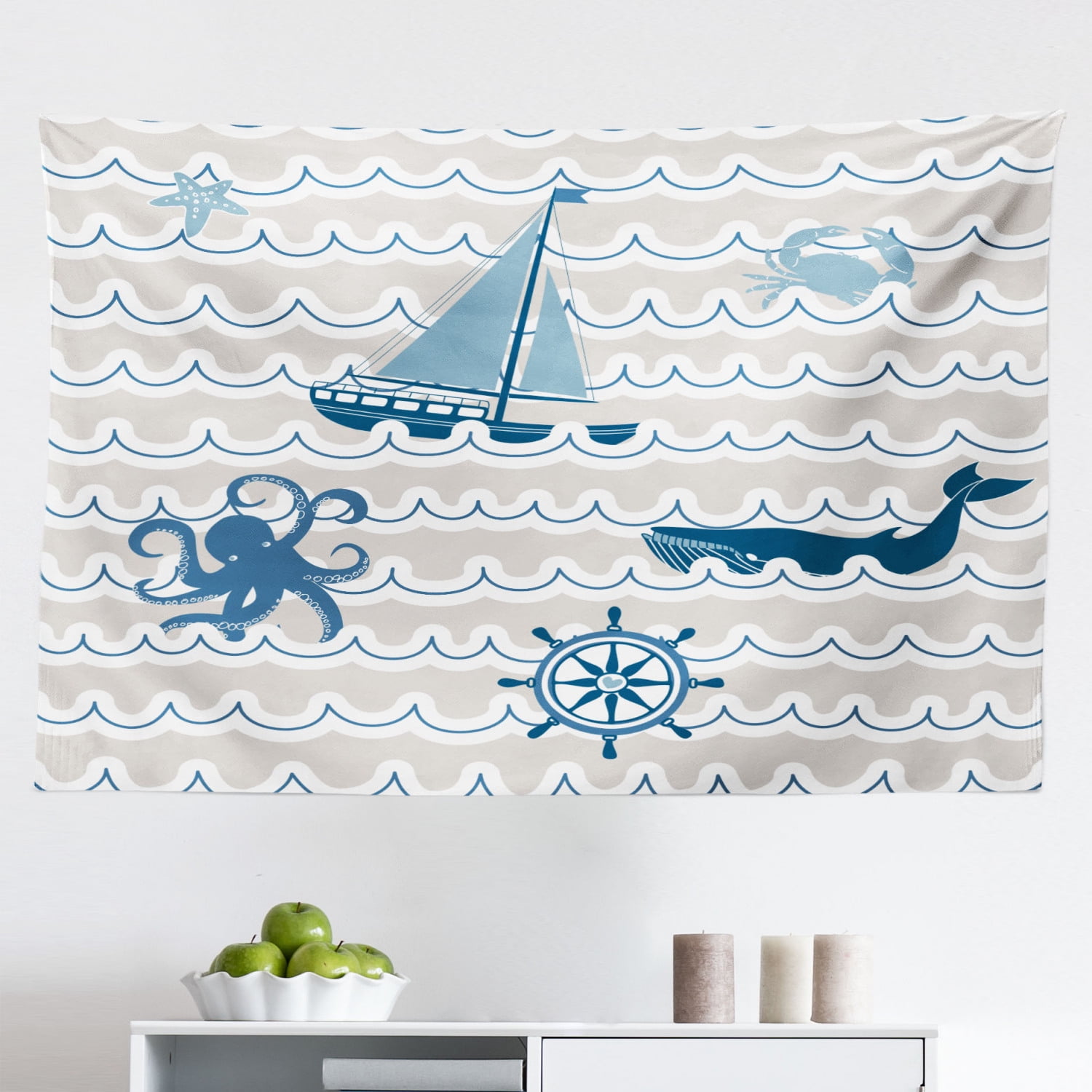 Nautical Tapestry, Symbolic Sea Creatures Navigation Gulls Compass ...