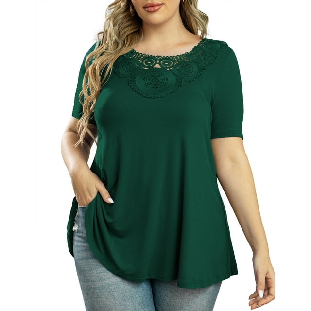 OmicGot Women's Plus Size Tops Short Sleeve Shirts Lace Pleated Tunic ...