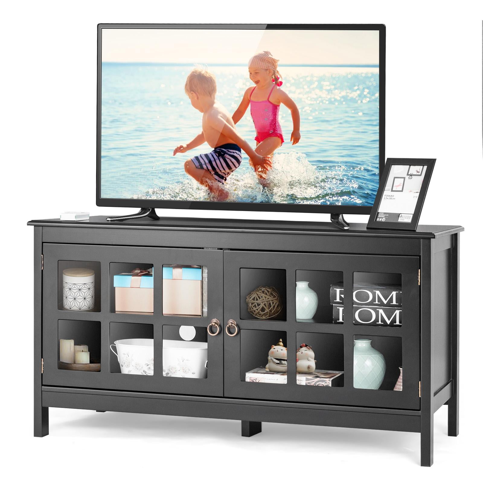Giantex TV Cabinet, TV Console w/2 Glass Doors & Adjustable Shelf Cable ...
