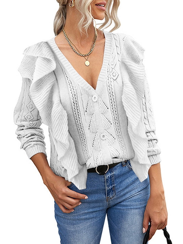 MURMUREY Womens V Neck Ruffle Knit Button Down Sweater Cardigans Long ...