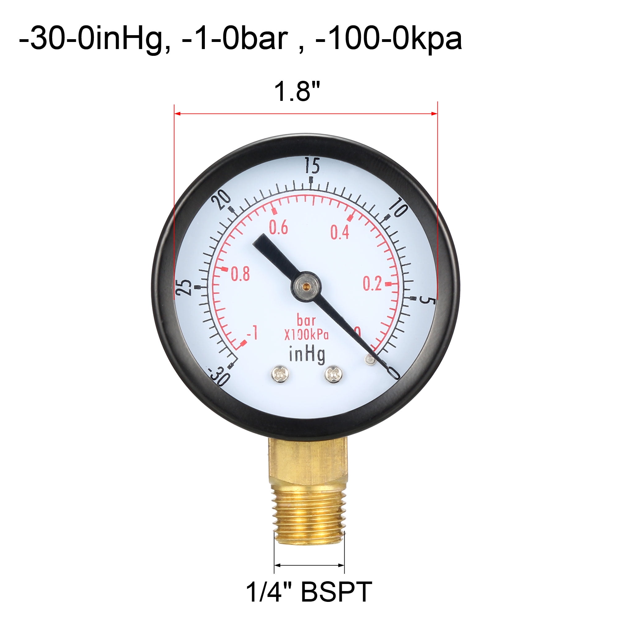 Pressure Gauge , -30-0inHg Vacuum/bar Dual Scale , 1.8" Dial , 1/4 ...