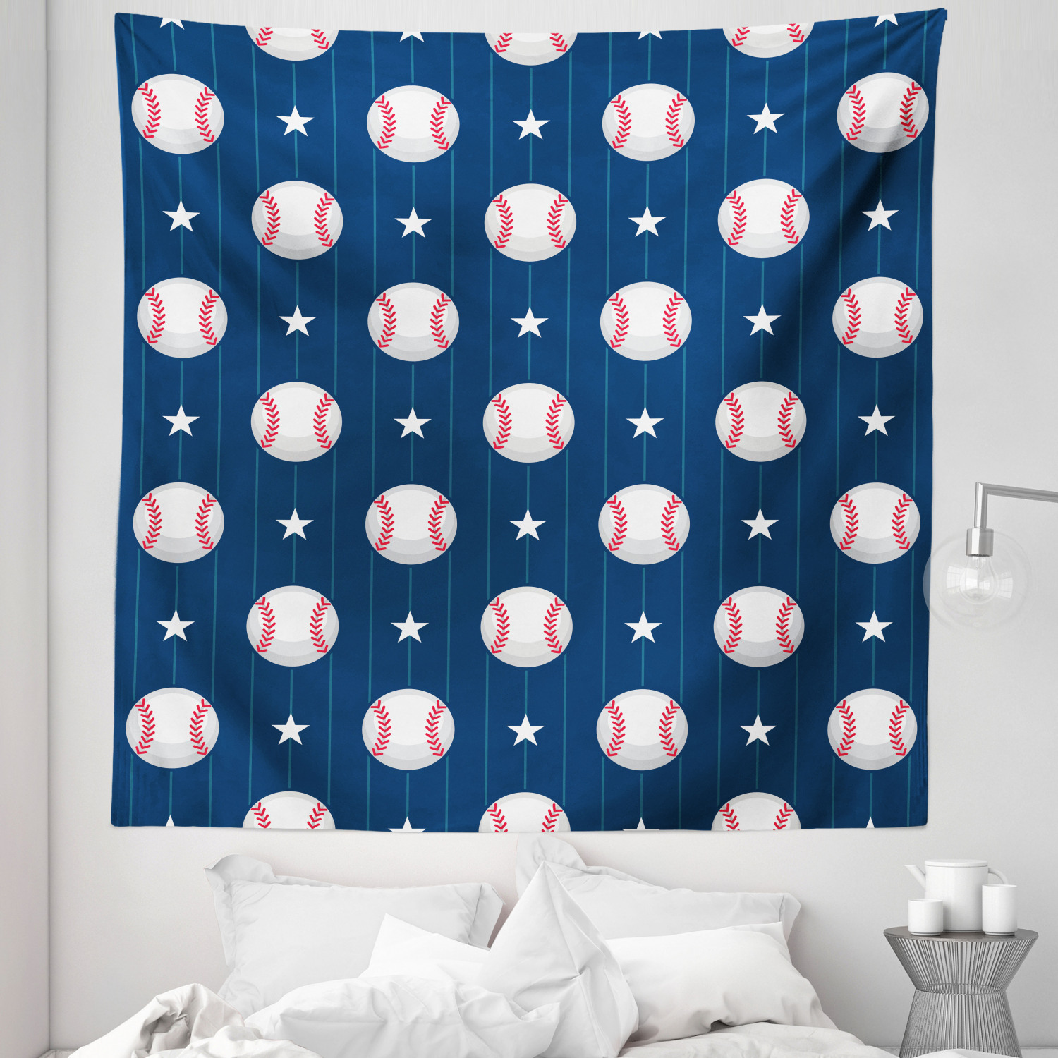 Sports Tapestry, Baseball Patterns on Vertical Striped Background Stars ...
