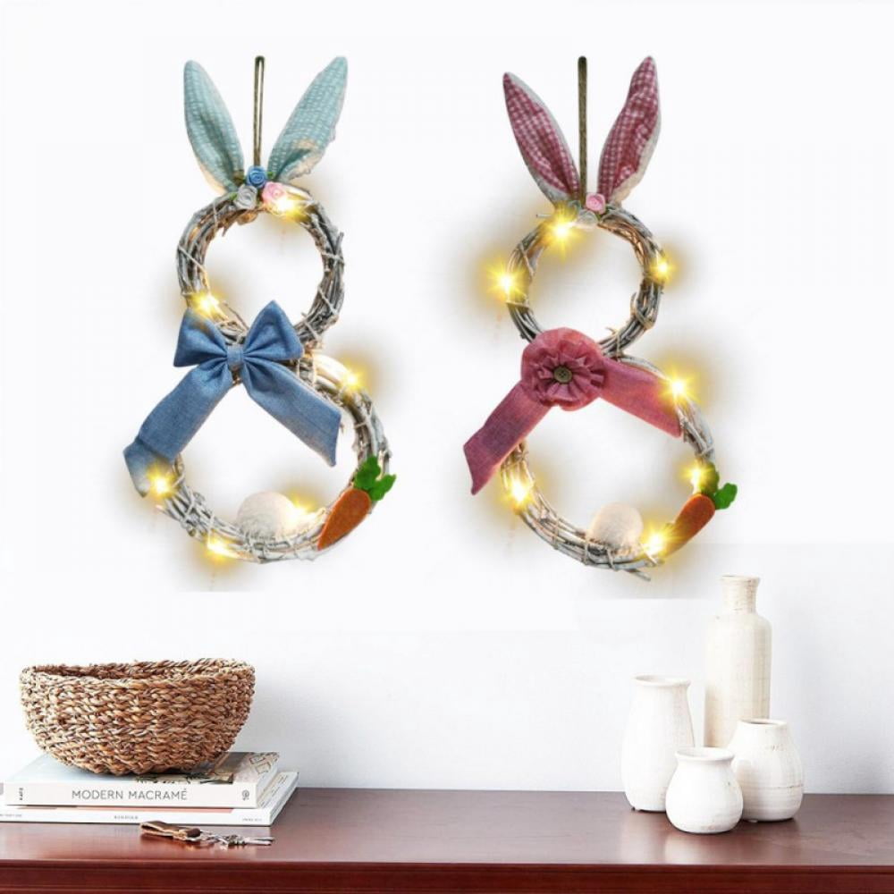 Bunny Rattan Wreath with LED Lights for Easter Halloween Home Wall ...