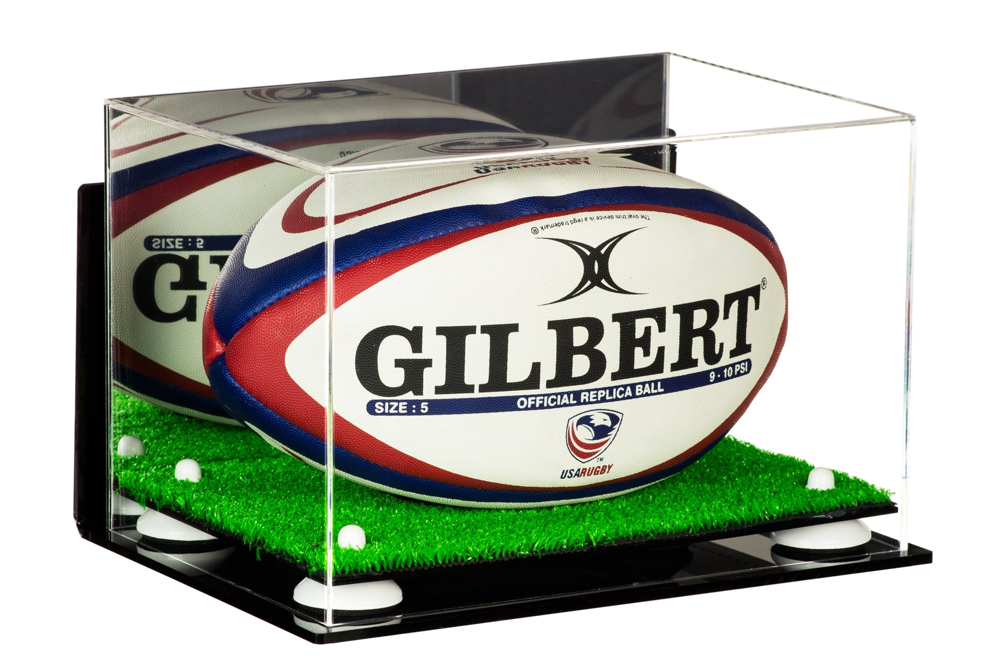 Deluxe Acrylic Rugby Ball Display Case with White Risers, Mirror, Turf ...
