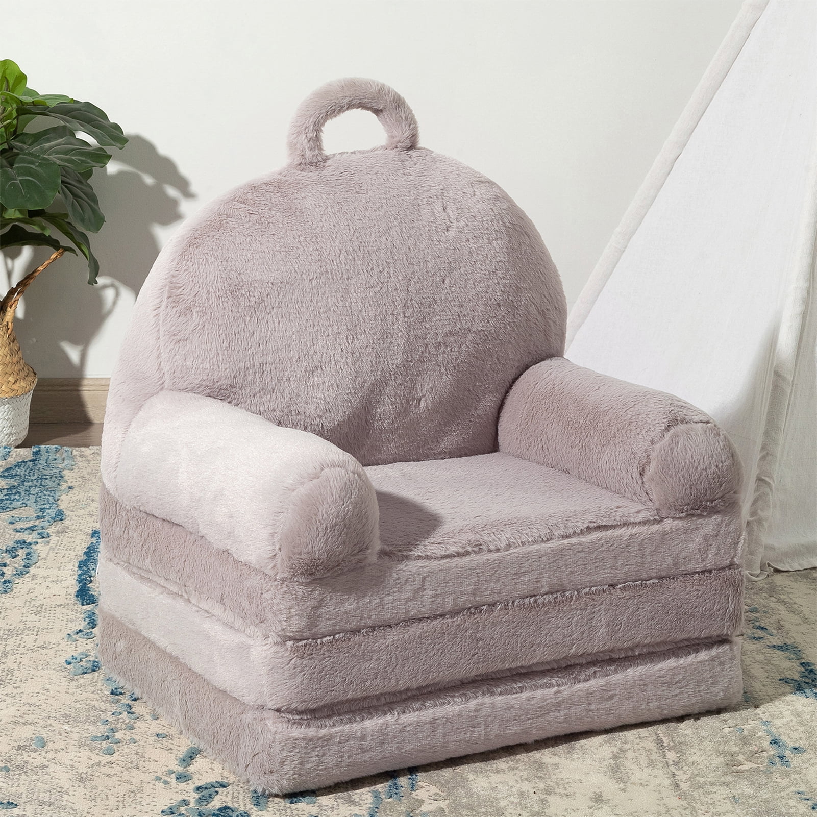 2 in 1 Convertible Plush Kids Sofa Flip Open Sofa Seat with Pockets for ...