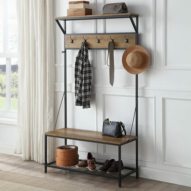 BELLEZE Entryway Hall Tree Coat Rack and Shoe Bench - Lexie (Rustic Oak ...