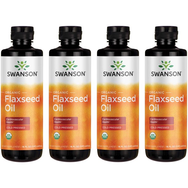 Swanson Organic Flaxseed Oil - Cold Pressed 14 g 16 fl oz Liq 4 Pack ...