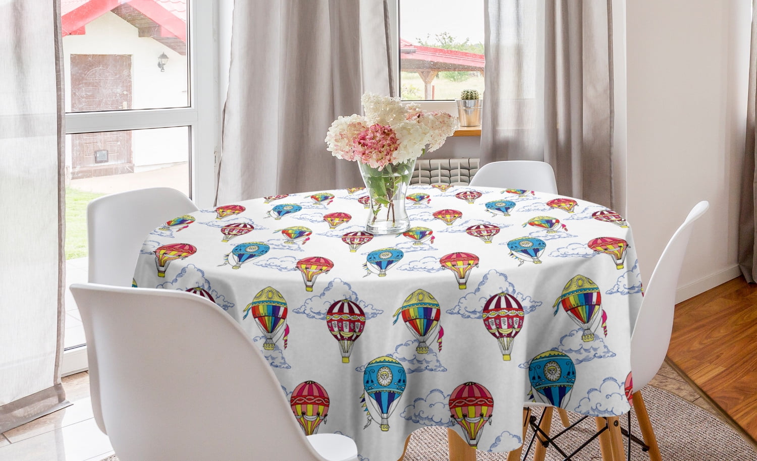 Colorful Round Tablecloth, Hand Drawn Sketches Clouds and Hot Air ...