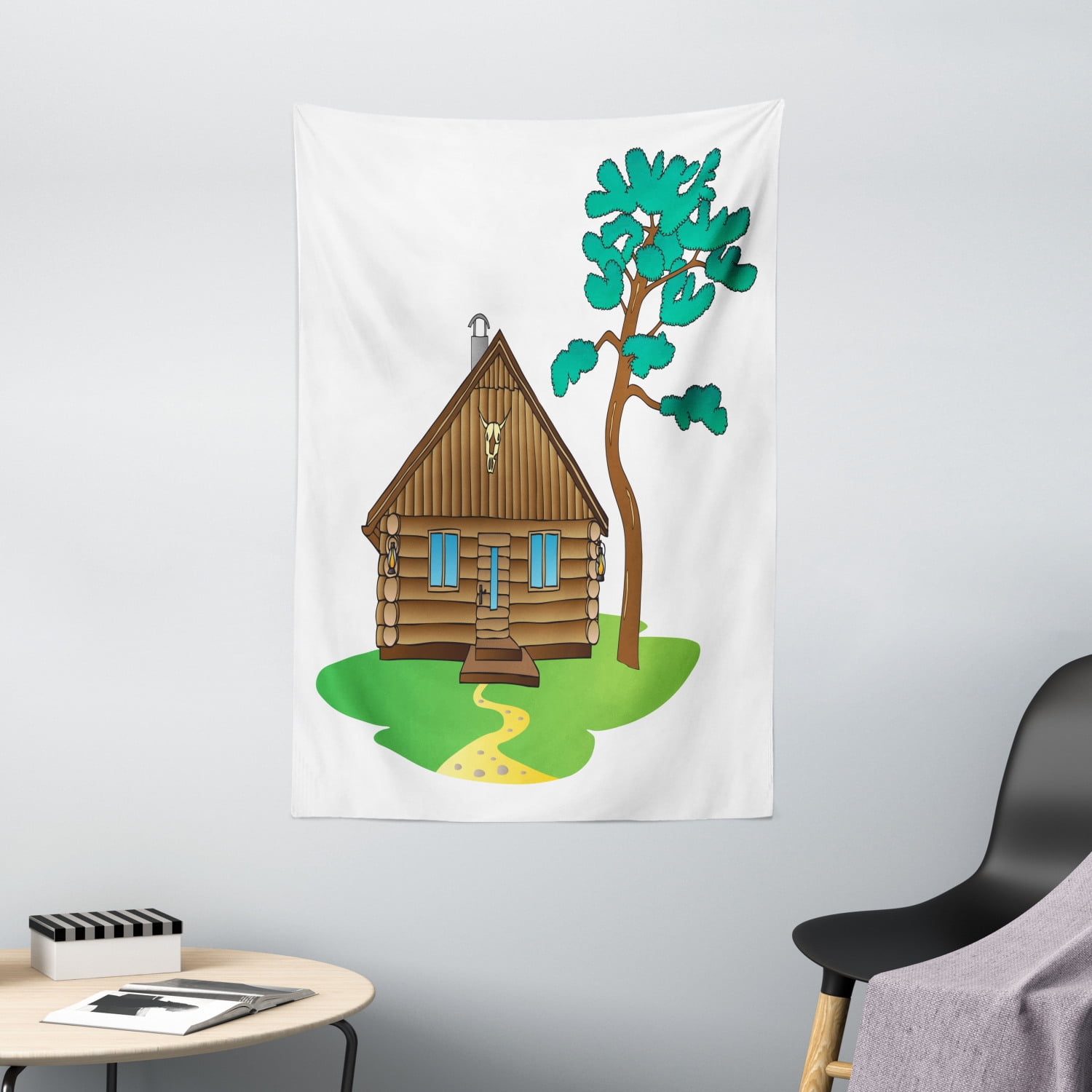 Log Cabin Tapestry, Image of a Rustic Lodge with a Large Tree and Dirt ...