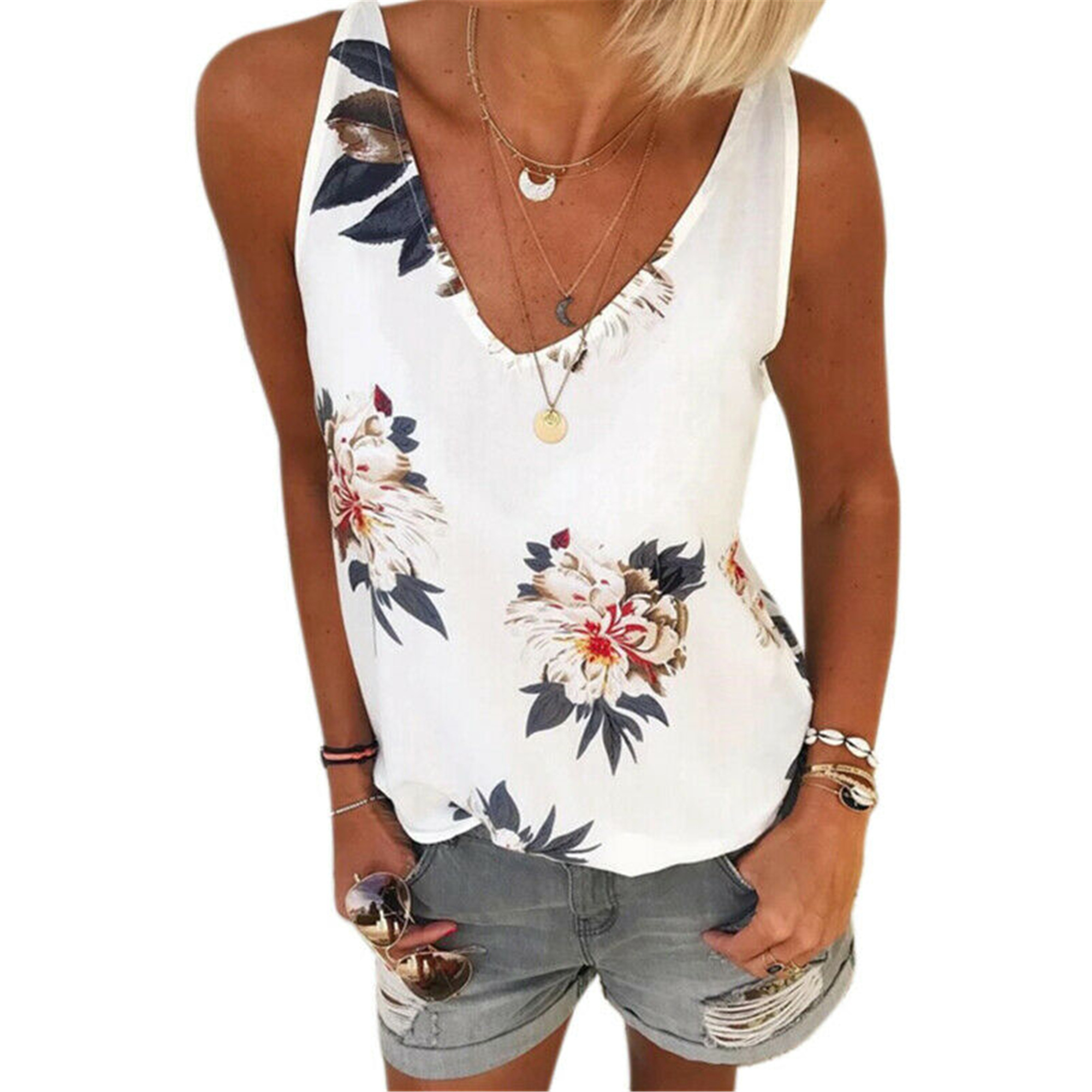 KAMAWO Womens Boho Floral Tank Tops Vest V-Neck Sleeveless T-Shirt ...