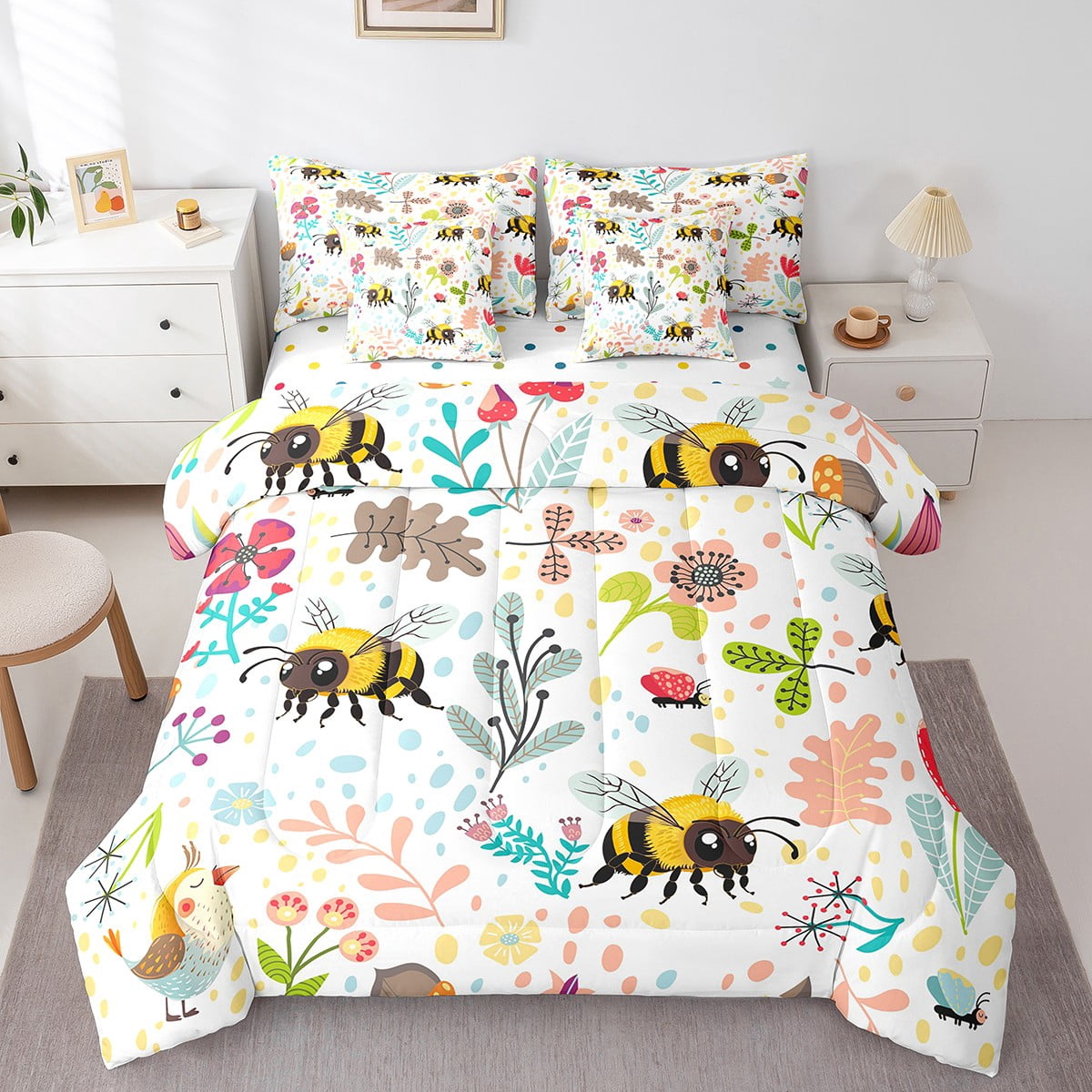 YST Kawaii Bee Bed In A Bag 7 Piece King Cartoon Bee Comforter Set With ...