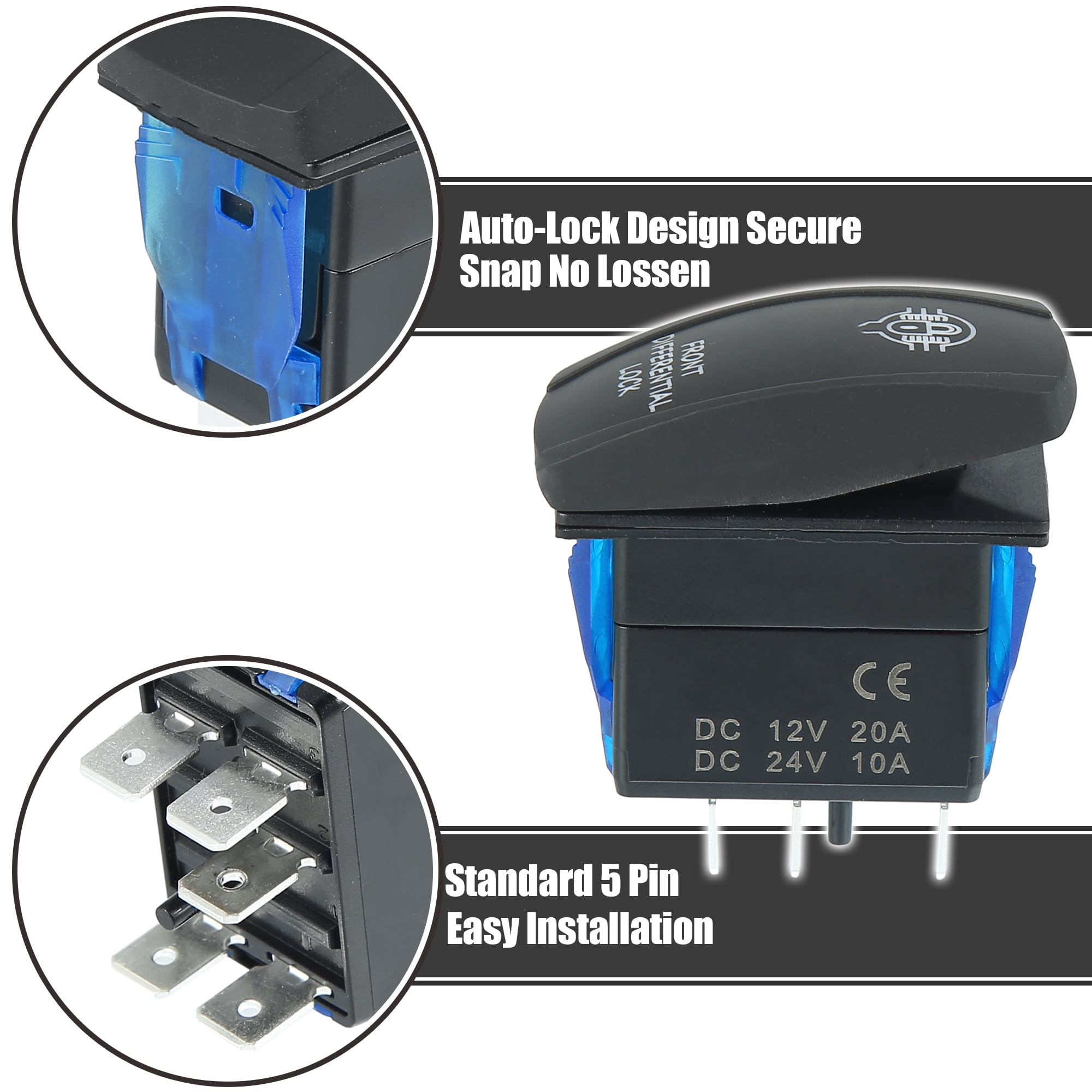 Buy 12V/24V Blue LED Front Diff Lock Rocker Switch Kit On-Off 5 Pins ...