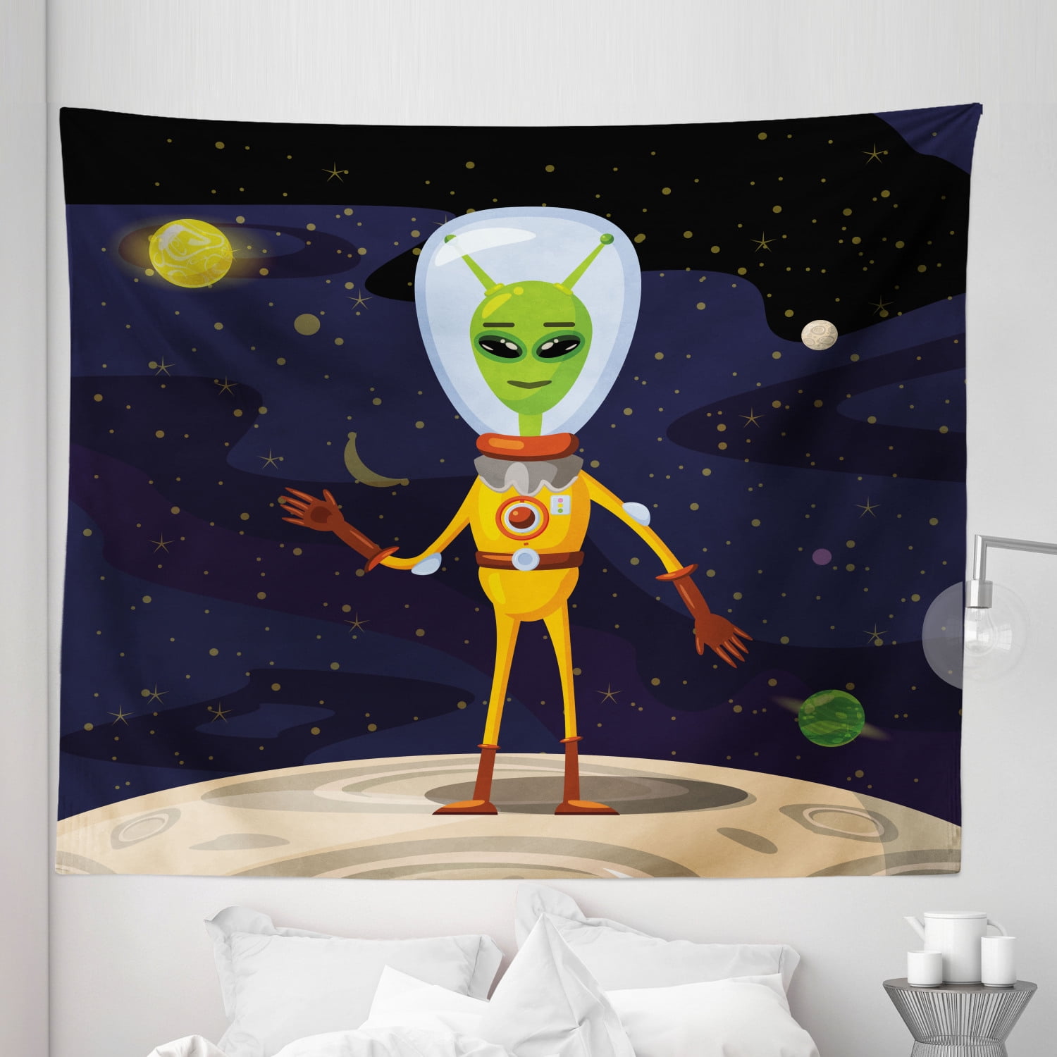 Alien Tapestry, Ufo Cartoon of Funny Creature in Spacesuit Standing on ...