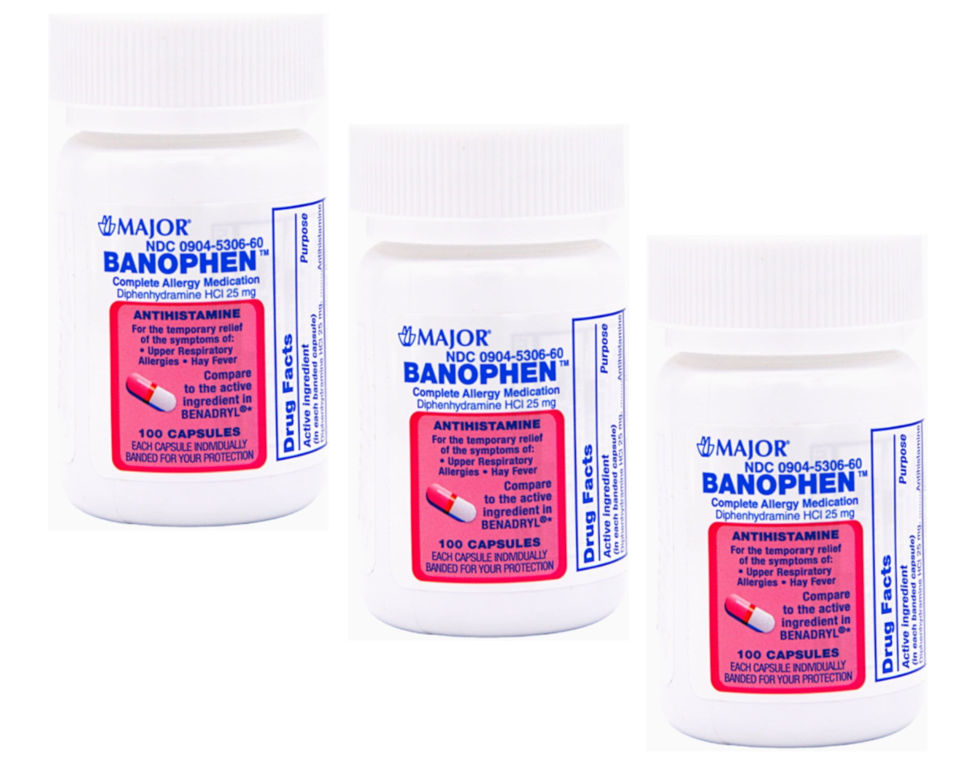 Major Banophen Complete Allergy Medication Diphenhydramine HCI 25mg ...