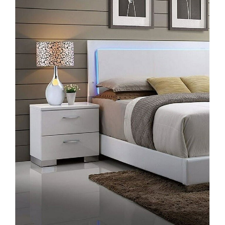 Contemporary High Gloss White Finish Bedroom Furniture 4pc Set Queen Bed LED Headboard Dresser Mirror Nightstand Size 85