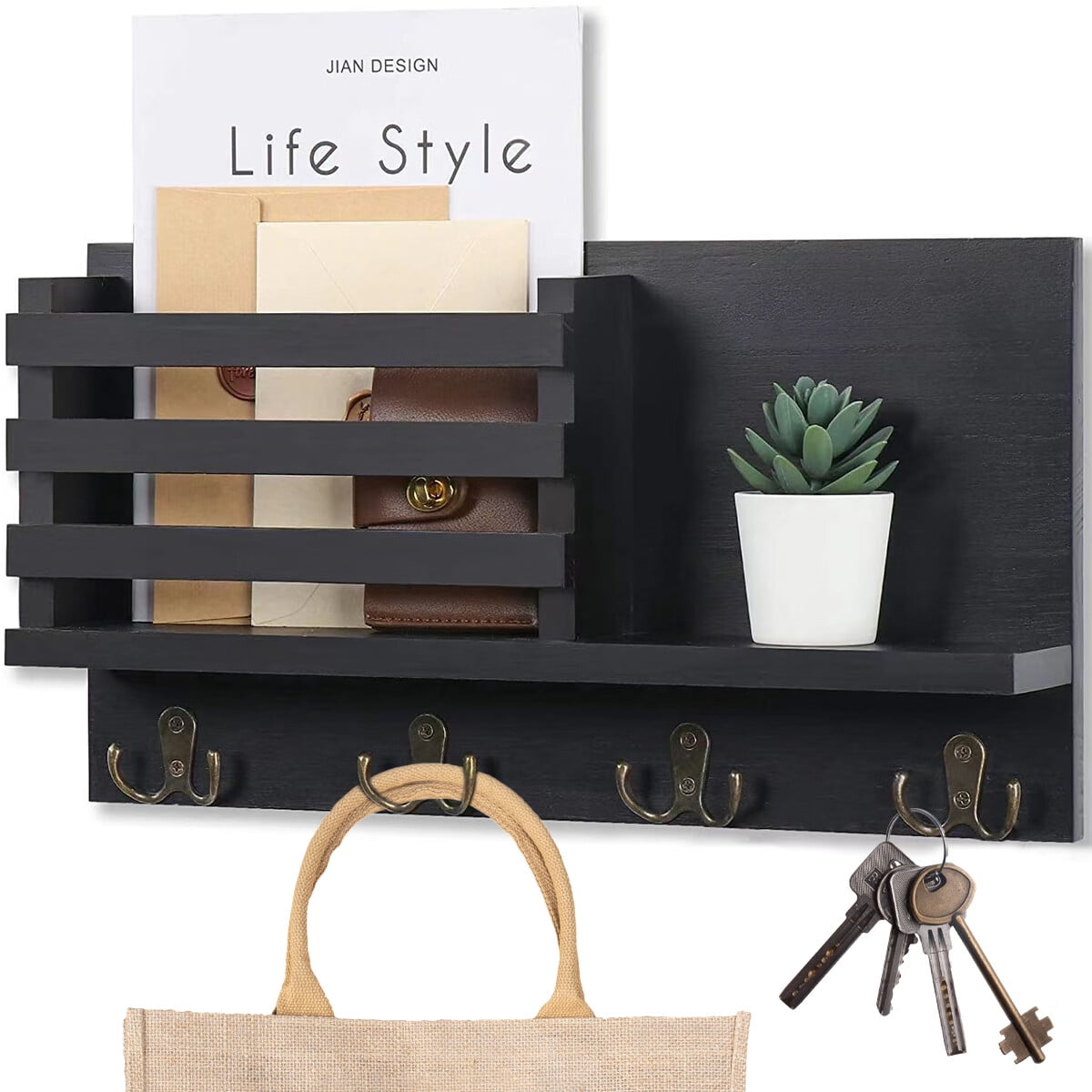 Key Holder for Wall with Shelf Rustic Mail Organizer Wall Mount Wooden ...